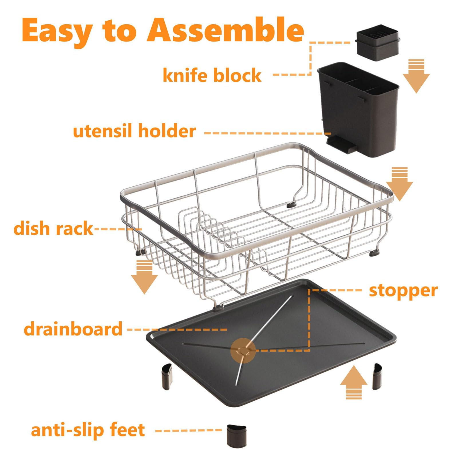 AIDERLY Stainless Steel Dish Drying Rack with Drainboard Dish Drainers for Kitchen Counter Sink Adjustable Spout Dish Strainers with Utensil Holder and Knife Slots, Black