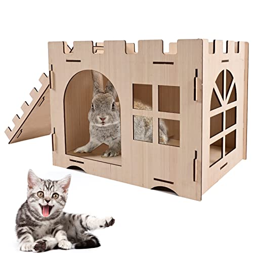 Extra Large Wooden Rabbit Castle with Ladder - Wood Cat Beds for Indoor Cats, Rabbit Hideout Bunny House Luxurious Small Animal Rest and Play House for Chinchilla Guinea Pig Hamster Hideout Habitat