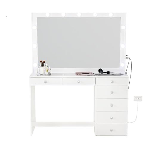 Boahaus Serena LARGE Makeup Vanity with Hollywood Lights Built-in, 7 Drawers, Hollywood Mirror, Hairdryer Hanger, Glass Top, Crystal Ball Knobs, White Vanity Makeup Desk for Bedroom, 58''Hx47''Wx17''D