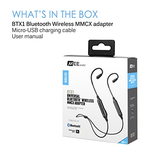 MEE audio BTX1 Bluetooth wireless universal MMCX adapter cable with Qualcomm aptX® technology, microphone, and remote (Black)