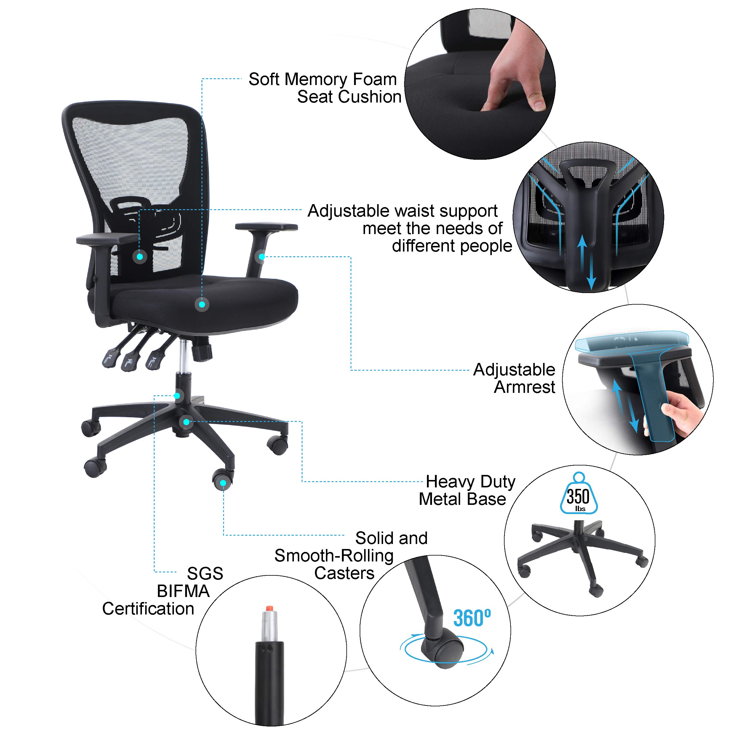 ALPHA HOME Office Chair Ergonomic Home Desk Chair High Back Mesh Task Chair with Lumbar Support Executive Stool with Adjustable Headrest & Armrest Rolling Swivel Desk Chair for Women-Capacity 250LBS