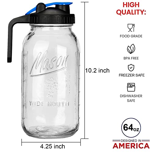 Half Gallon Mason Jar Pitcher Large Wide Mouth 64 oz with Lid - 2 Quart for Iced Tea, Sun Lemonade, Coffee, Airtight, Set of 1