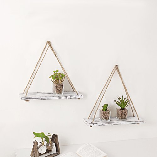MyGift 17-inch Whitewashed Wood Hanging Swing Rope Floating Shelves - Farmhouse Rustic Triangle Wall Plant Shelf, Set of 2