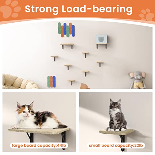 Bodato Cat Wall Shelves Set, Cat Wall Climbing Furniture - 7 Wooden Steps,1 Condo House and 2 Fish Shape Scratcher Included