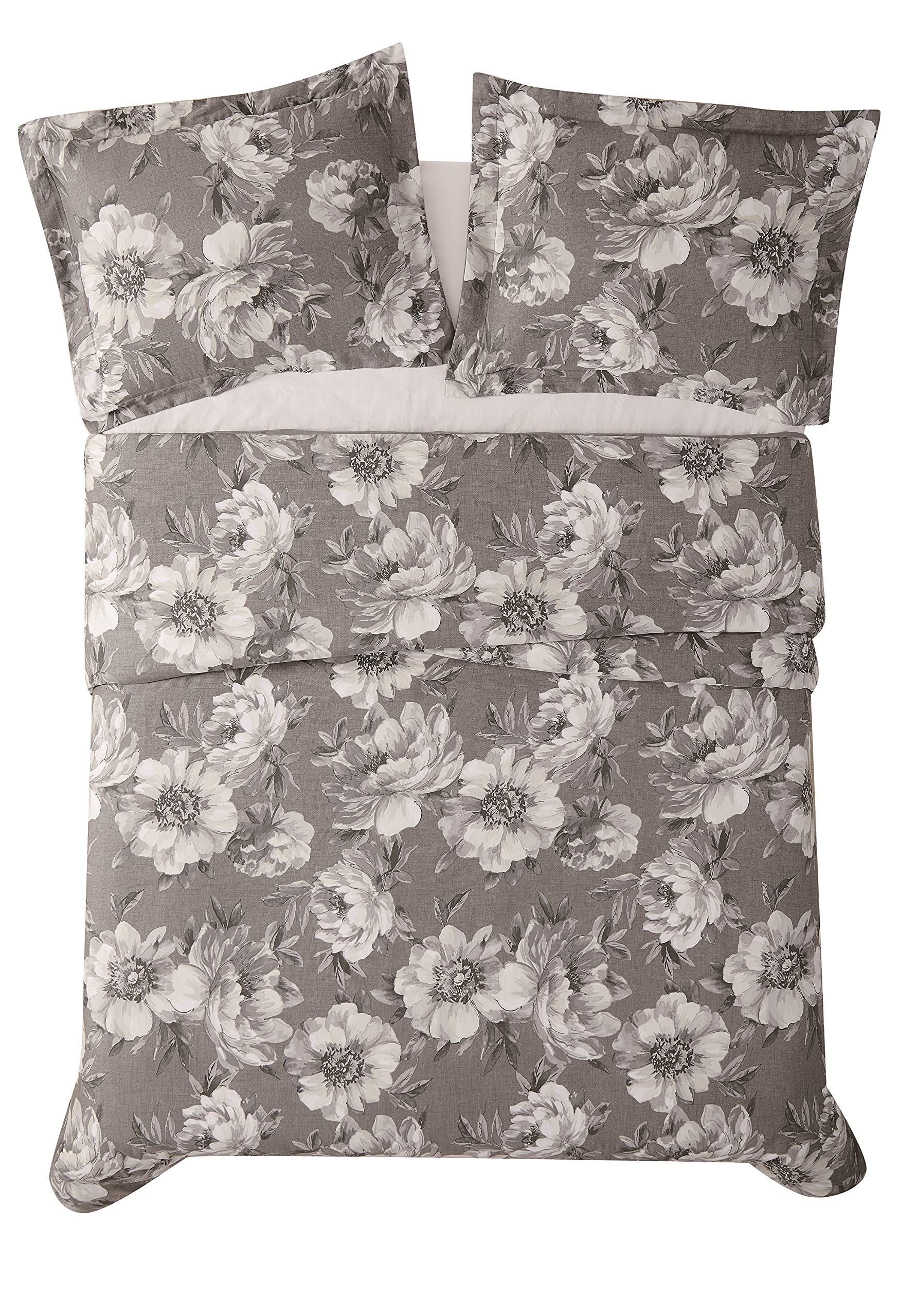 Cottage Classics - Full/Queen Rochelle Floral 3-Piece Farmhouse Style Duvet and Sham Set - Bold Floral Print - Grey
