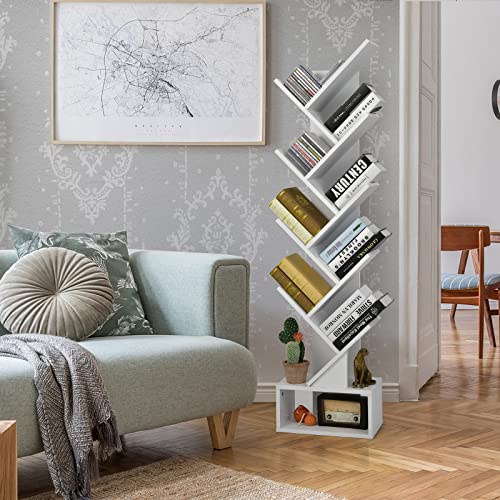 Giantex Tree Bookshelf with Drawer, 10 Shelf Space Saving White Wooden Bookcase, Freestanding Retro Wood Storage Rack, Decorative Bookshelf with Storage