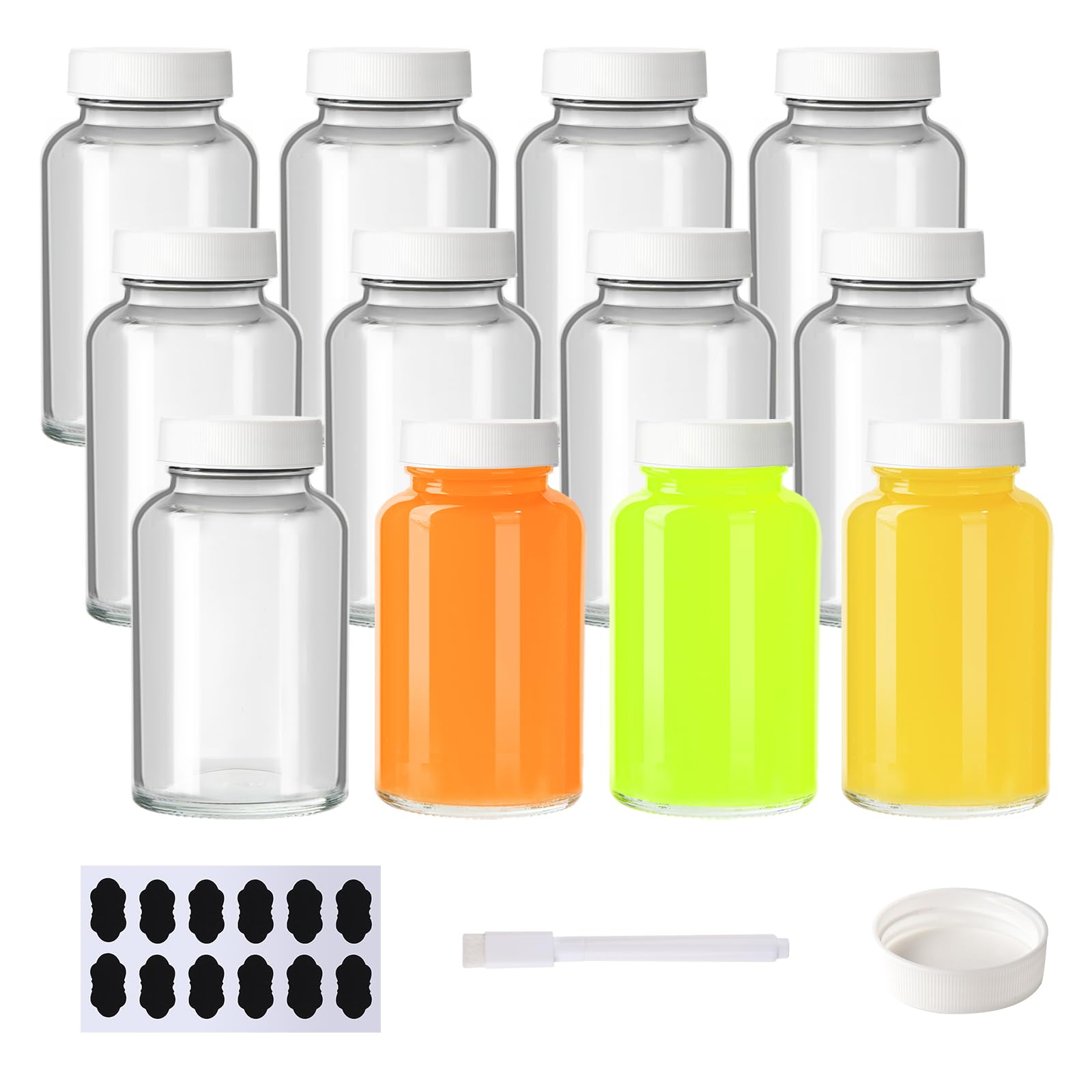 BPFY 12 Pack 4 oz Glass Juice Shot Bottles with Caps, 120 ml Empty Wellness Shot Glass Bottles, Reusable Clear Glass Bottles with Lids for Juice, Ginger Shots and Homemade Beverages