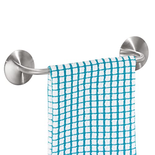 mDesign Decorative Metal Small Towel Bar - Strong Self Adhesive - Storage and Display Rack for Hand, Dish, and Tea Towels - Stick to Wall, Cabinet, Door, Mirror in Kitchen, Bathroom - 2 Pack - Brushed