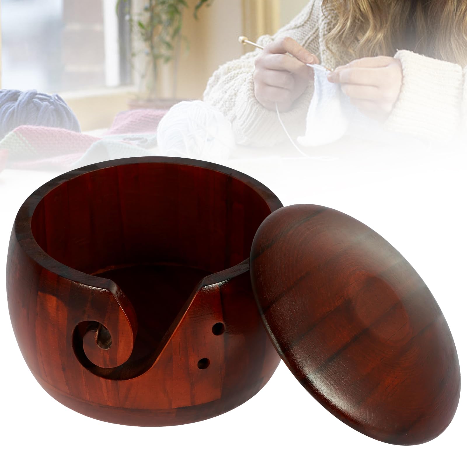 Txkrhwa Wooden Yarn Bowl, Round Crochet Bowl, Holder with Holes Pine Knitting Yarn Bowls, Wooden Weaving Thread Bowl with Lid Portable Yarn Storage Bowl for DIY Knitting Crafts 5.9x5.9x3inch
