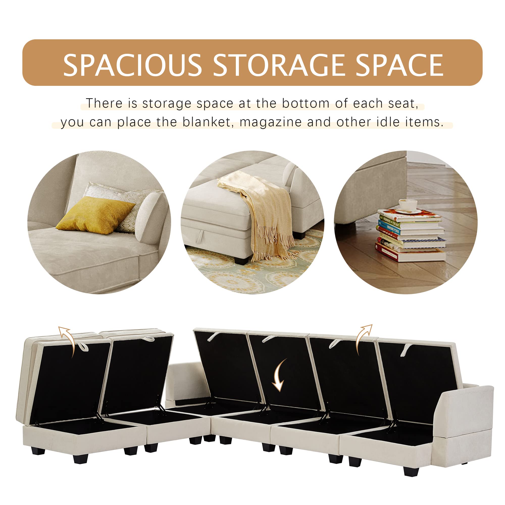 P PURLOVE Modern Large U Shape Modular Sectional Sofa, Sectional Sofa Couch with Storage Seat,Convertible Sofa Bed with Reversible Chaise for Living Room,Bedroom.Beige