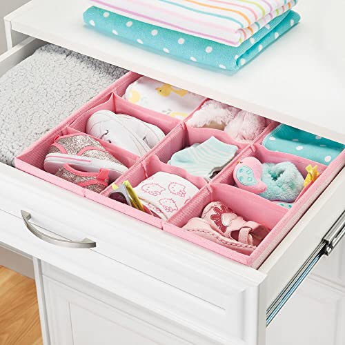 mDesign Fabric 9 Section Dresser Drawer and Closet Storage Organizer for Child/Kids Room, Nursery, Playroom - Large Divided Bin Holds Clothes, Diapers, Cream, Toy, Blankets - Pink Herringbone