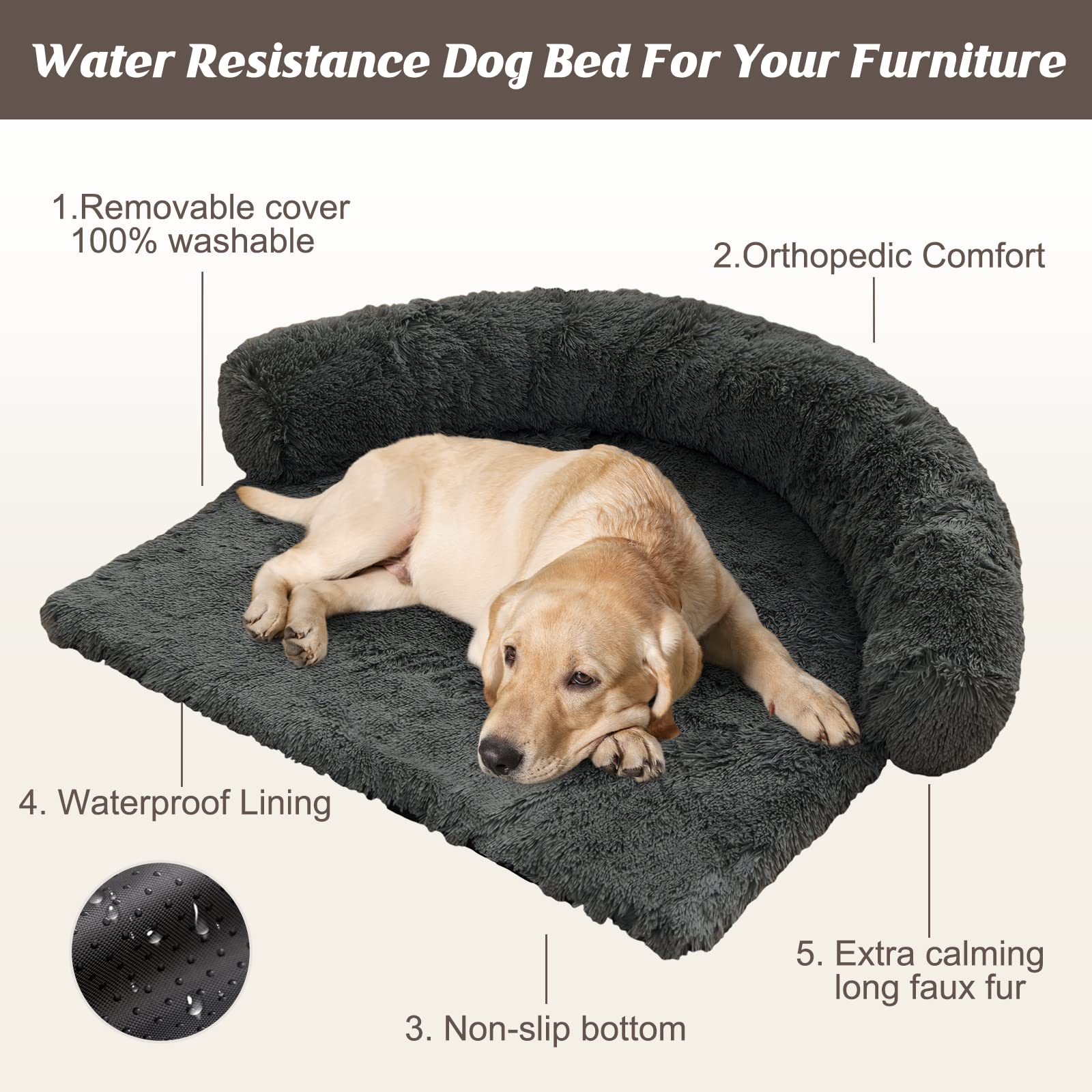 Syalife Shaggy Plush Calming Dog Couch Bed Pet Protector, Fluffy Waterproof Lining and Nonskid Bottom, Dog Mat for Furniture Protector with Washable Cover(55"x43"x8", Light Gray)