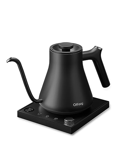 Gooseneck Electric Kettle, Offacy Pour Over Tea Kettles with LED Screen, ±1℉ Temperature Control, Full 304 Stainless Steel, Quick Heating, Hold, Mute, 0.68mm V-Shaped Spout, Hot Water Boiler, 0.9L