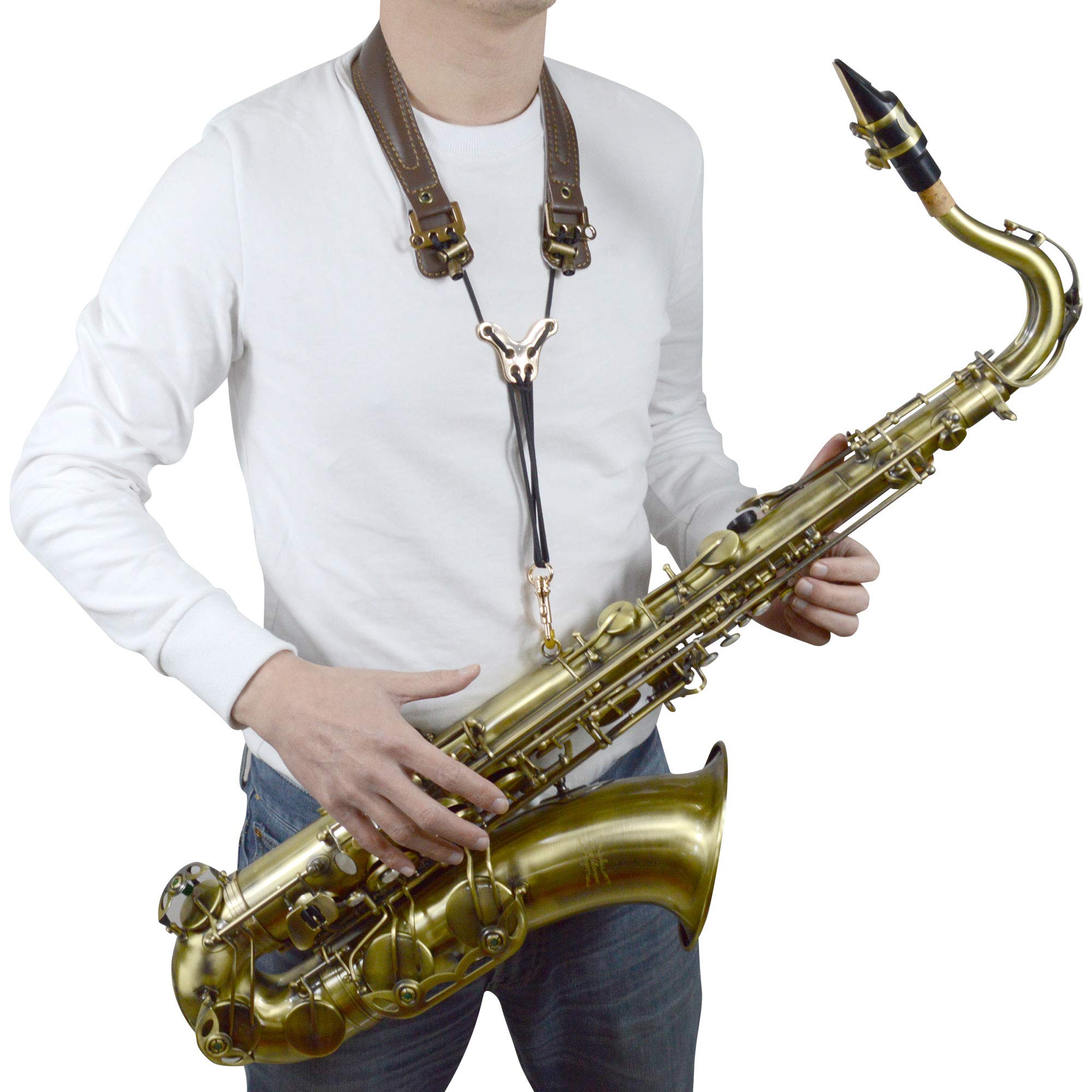 adorence Leather Saxophone Neck Strap - (Ergonomic, Breathable, Metal Swivel Snap Hook) Sax Neck Strap for Alto Tenor -Black