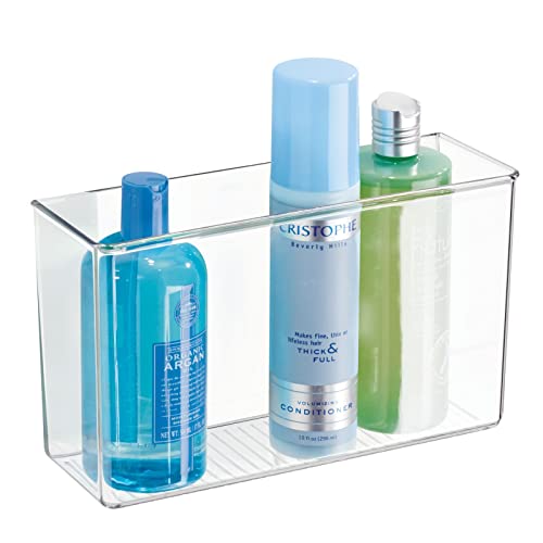 mDesign Plastic Storage Organizer Bin, Adhesive Mount for Cabinets & Walls in Bathroom, Vanity, Under Sink, Holds Body Wash, Shampoo, Lotion, Brushes, Hair Spray, Ligne Collection, 2 Pack, Clear