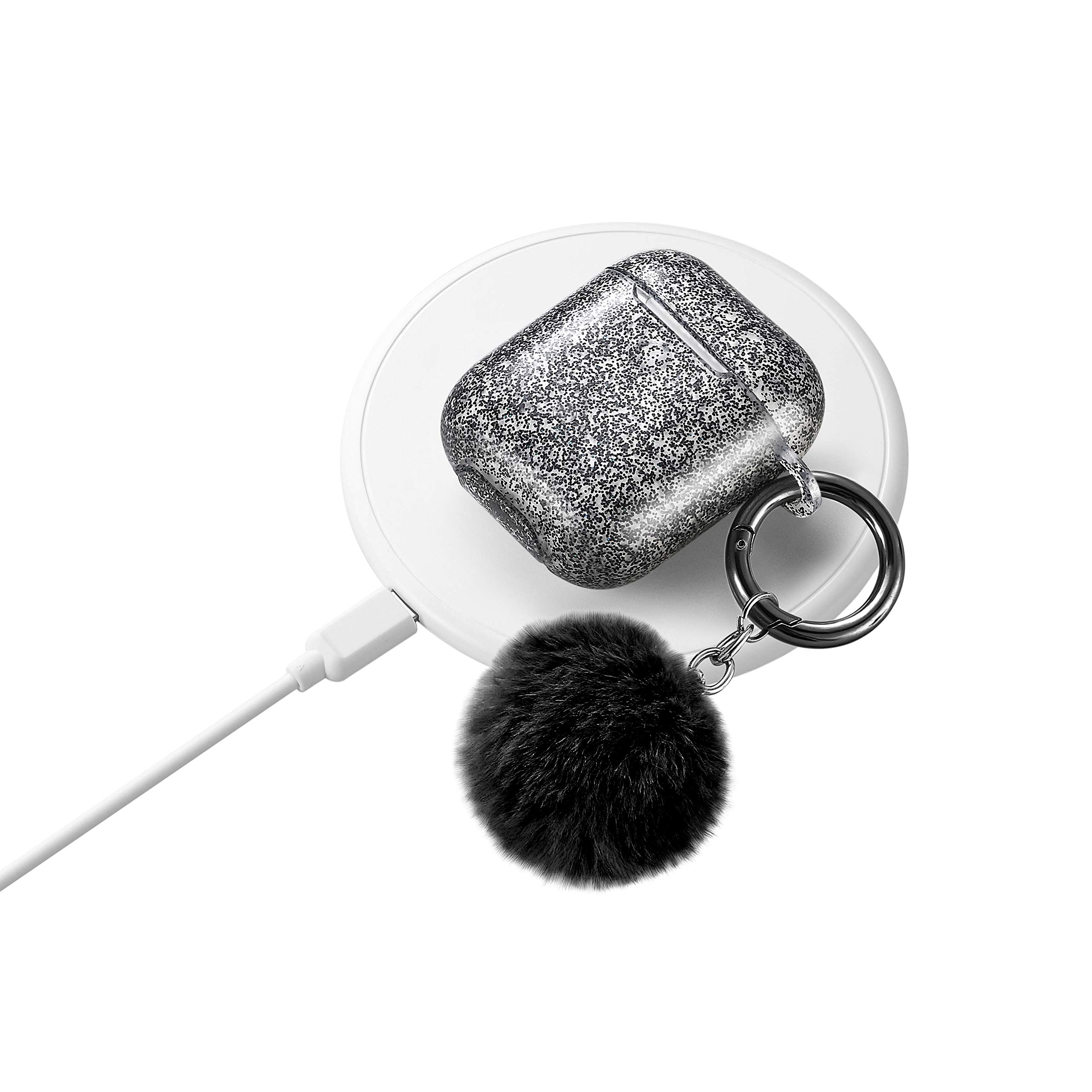 Airpods Case, DMMG Airpods Case Cover Silicone Skin, AirPods Protective Bling Glitter Case with Fluff Ball Keychain, Scratch Proof and Drop Proof for Apple Airpods 2&1