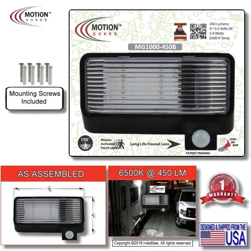 MOTION-GUARD, MG1000-450B, RV Motion Sensor Light, 12 Volt, Exterior Mounted Motion Sensor Bright LED Porch Utility IP65 Flood Light with Battery Monitoring sensor and EMI Suppression, USA Designed