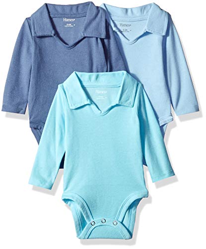 Hanes Ultimate Baby Flexy 3 Pack Long Sleeve Polo Bodysuits, Blues, 0-6 Months
