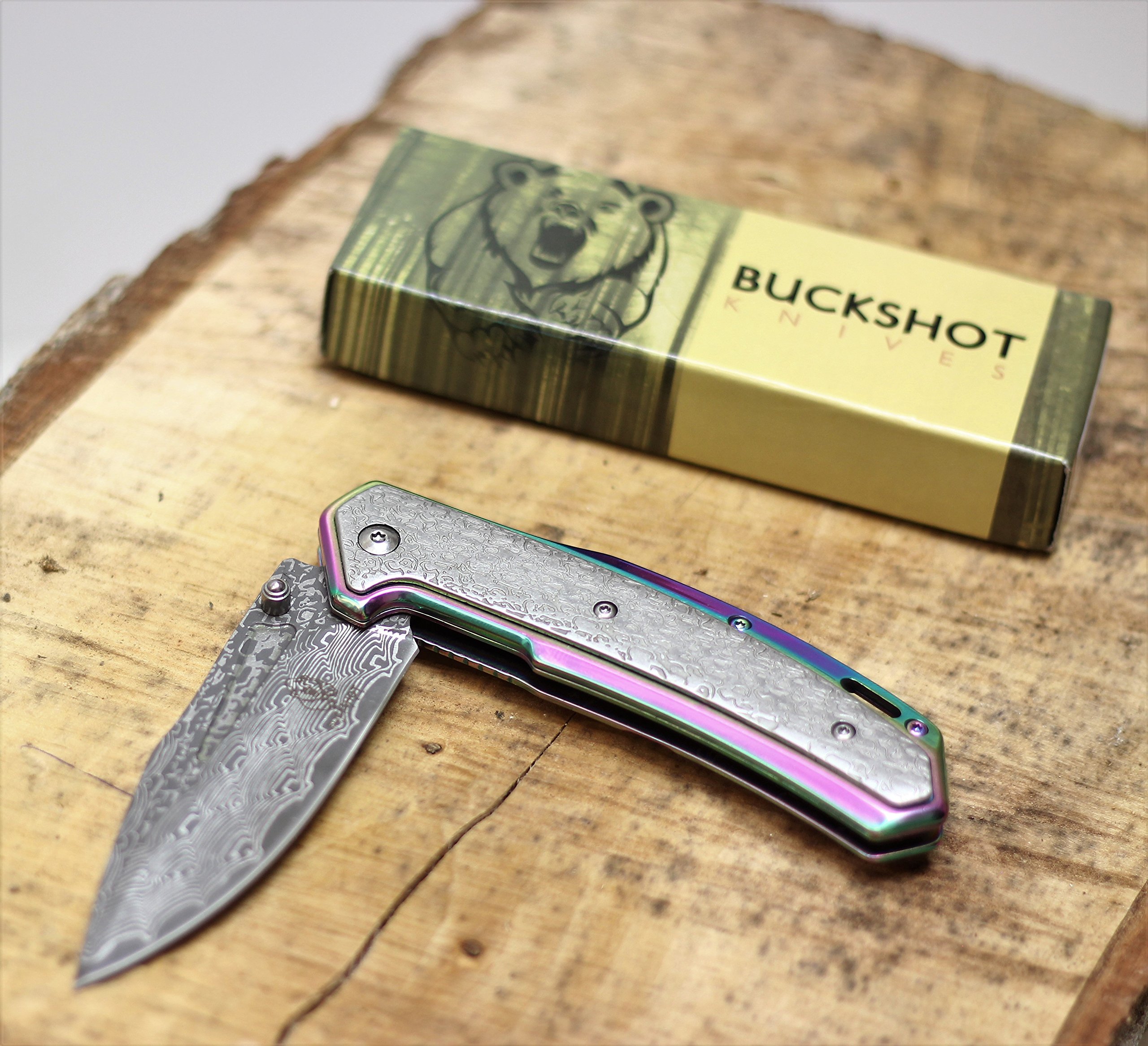 Buckshot Knives Thumb Open Spring Assisted Stainless Steel Titanium Handle with 3D Etched Inlay, Etched Damascus Wave Blade Pocket Knife (PBK215RW)