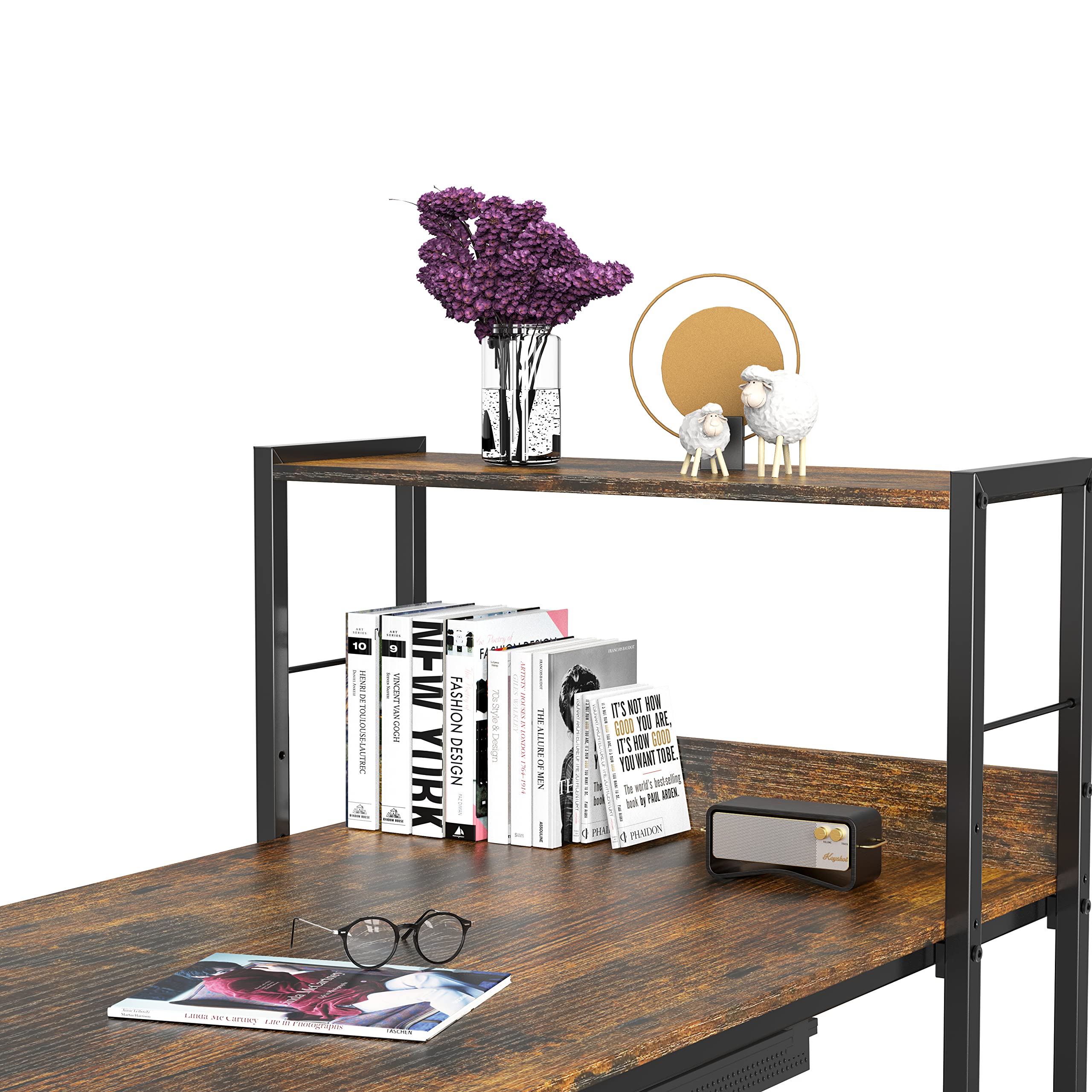 SHW 46-Inch Computer Desk with Adjustable Side Shelf and Drawer, 24" Deep, Rustic Brown
