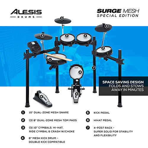 Alesis Drums Surge Mesh SE Kit and Drum Essentials Bundle - Electric Drum Set with USB MIDI Connectivity, Drum Throne and On-Ear Headphones