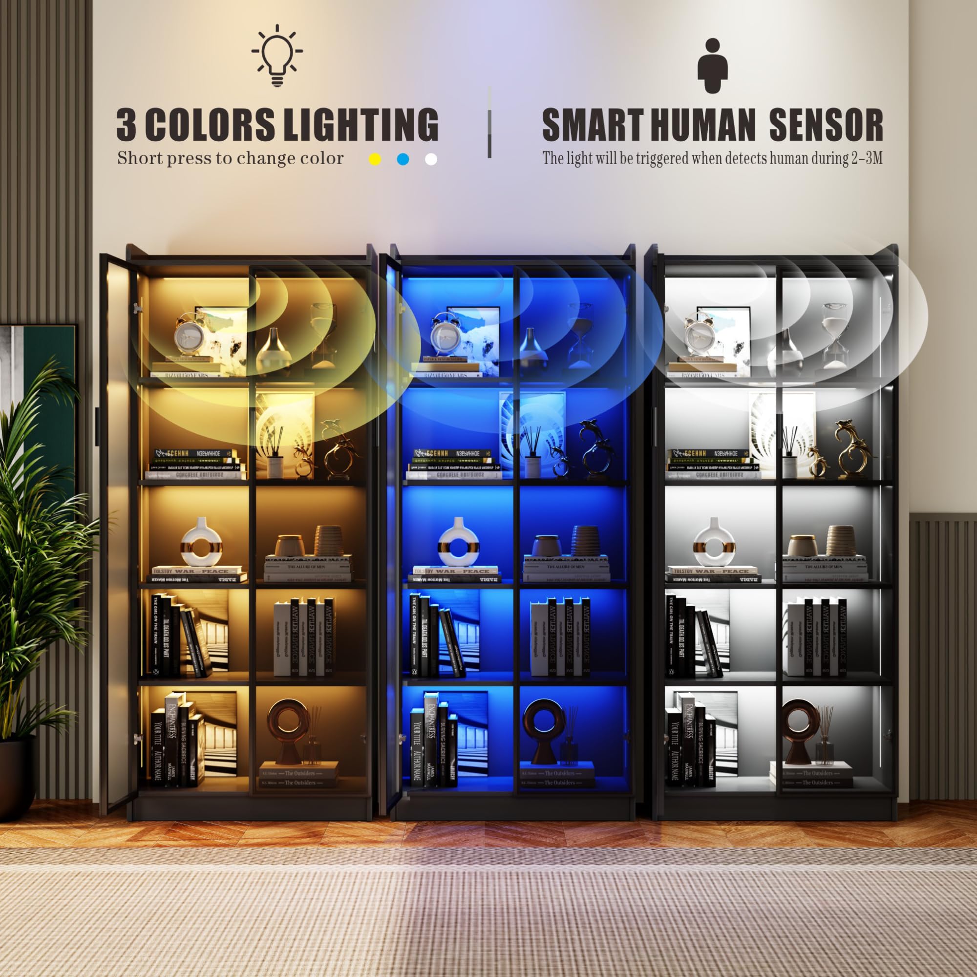 Display Cabinet with Doors and Adjustable Shelves, 65" Tall Bookcase with LED Lights/Human Sensor, 5 Tier Display Case for Collectibles Bedroom Living Room Office, Black - Smoked Black Door