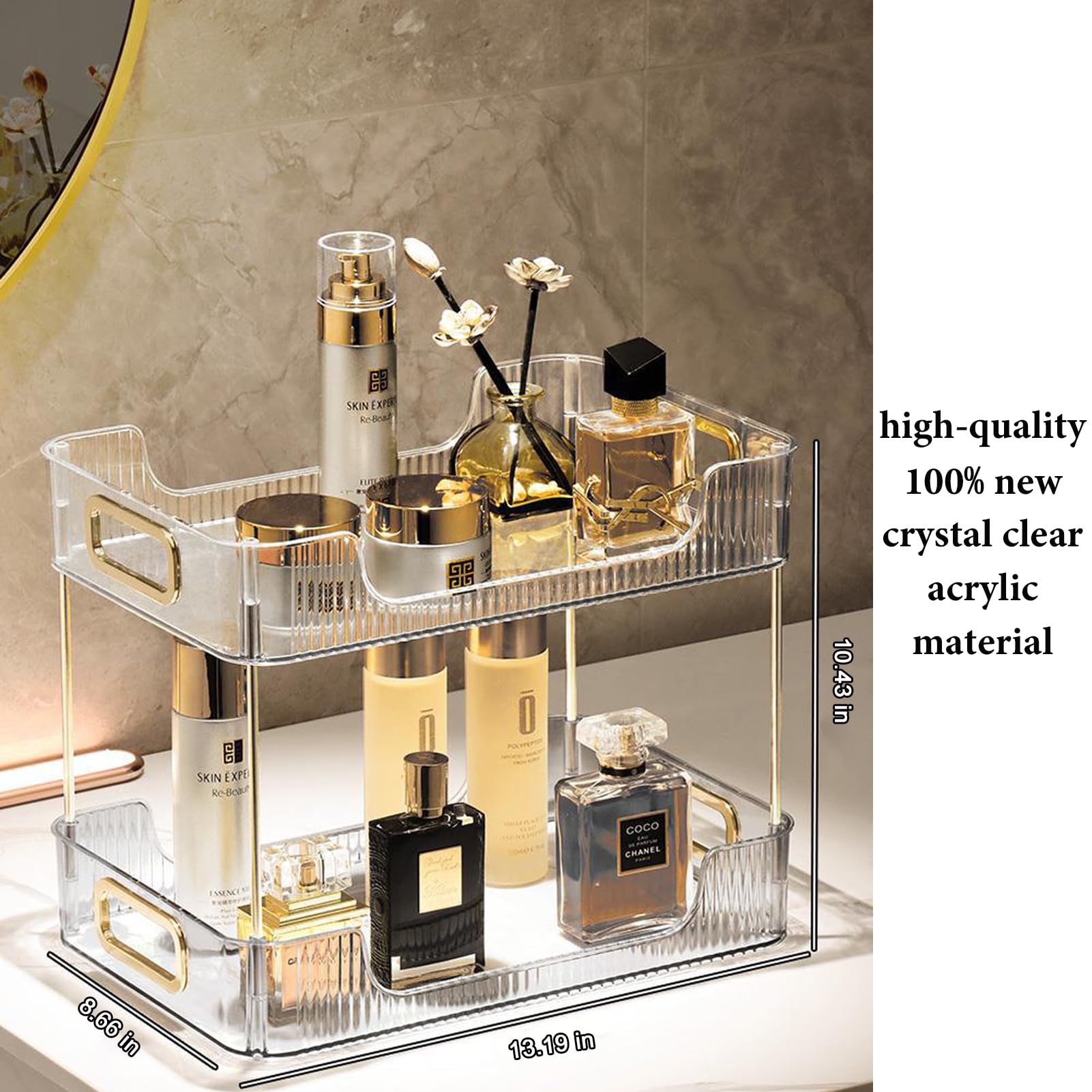 AOTENG STAR Clear Makeup Organizer Bathroom Vanity Skin Care Organize, Cosmetic Display Case, Makeup Holder Ideal for Bedroom Bathroom Storage Countertop (11.8" L x 8.27" W x 5.9" H(2-Tier))