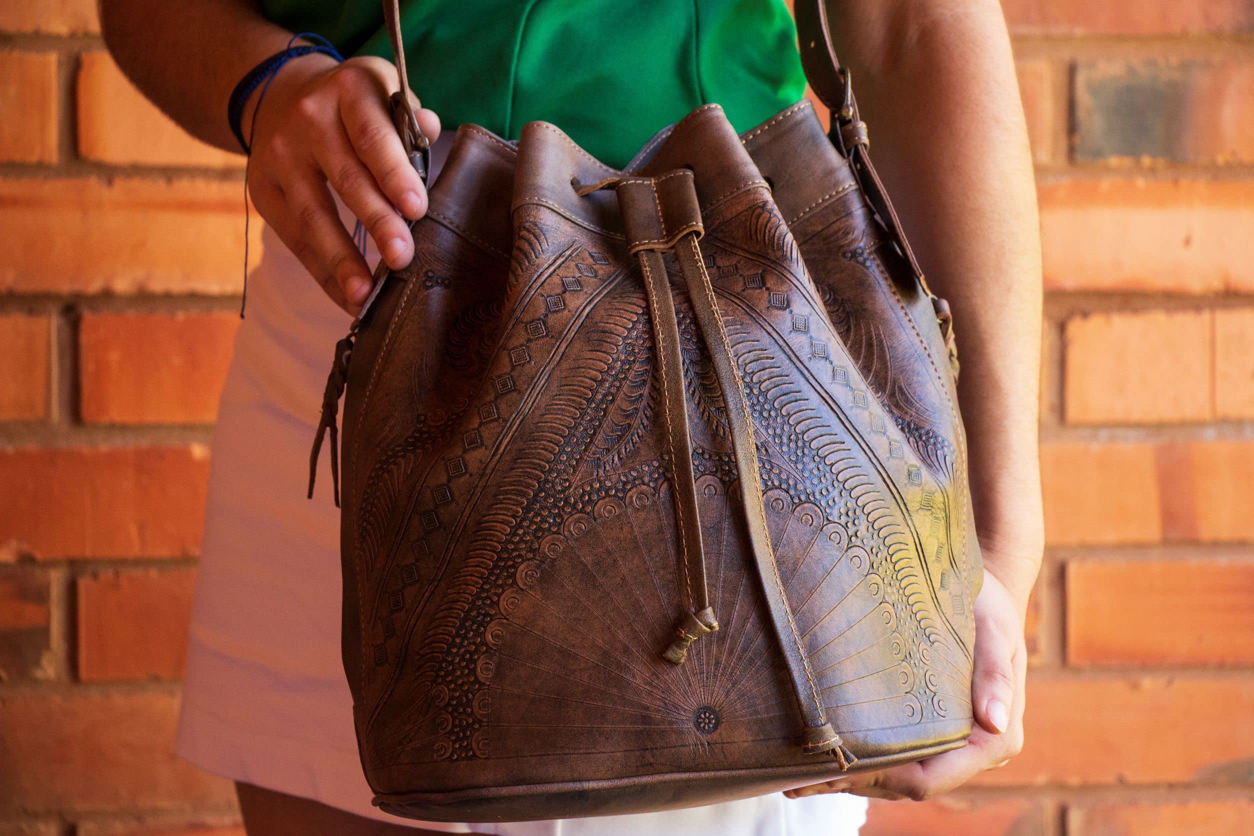 Womens Drawstring Bucket Bag, Genuine Leather Crossbody Bag, Hand tooled, Dark Brown, Handmade Leather Purse