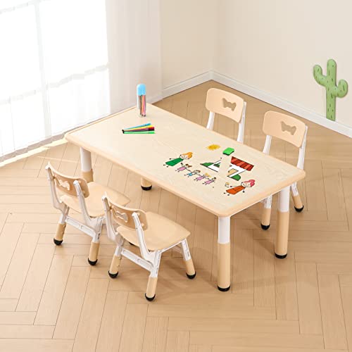 JIAOQIU Kids Table and Chair Set Height Adjustable Toddler Table and 4 Chairs Set Kid Activity Art Table Plastic Children Study Table for School Home Graffiti Table for Ages 2-12 Wood Grain Burlywood
