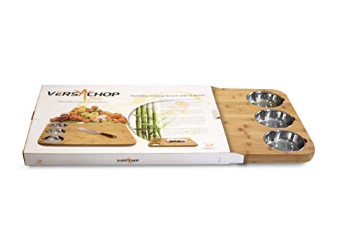 Versachop Trio, Extra Large 22 X 16 inch Cutting Boards for Kitchen, Butcher Block - Totally Natural Organic Moso Bamboo board with three Stainless Steel Bowls attached for easy chopping