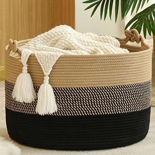 KAKAMAY Large Cotton Rope Blanket Basket (20"x13"),Woven Baby Laundry Hamper,Blanket Basket for Nursery, Laundry, Living Room, Pillows, Toys(Jute/Black)