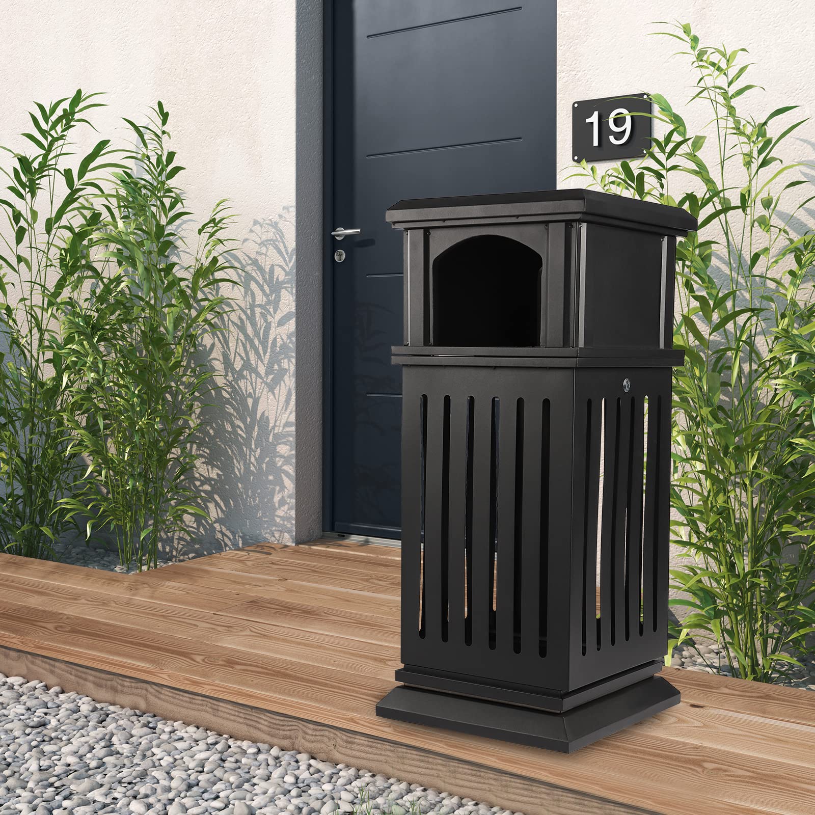 Outdoor Trash Can, 40L Commercial Garbage Enclosure with Locking Lid, Heavy Duty Industrial Yard Garage Waste Container, Installation-Free, 35.4 x 15.7 x 15.7 in, Galvanized Sheet (Black)