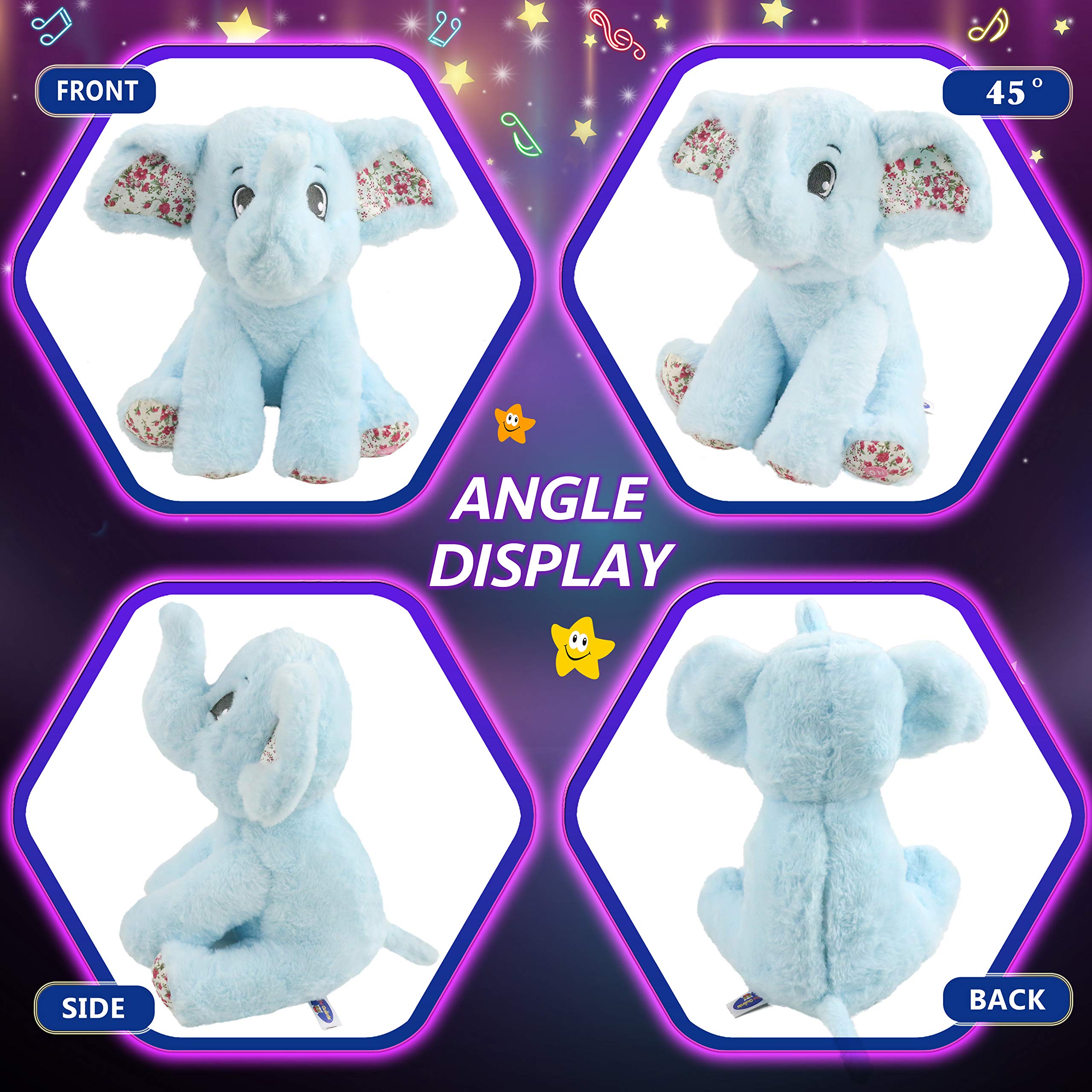 BSTAOFY 12ββ Musical Light Up Elephant Plush Toy Floppy LED Stuffed Animals Lullabies Nightlight Bedtime for Kids Birthday Valentines for Toddlers, Blue