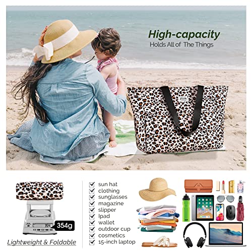 HOMESPON Large Waterproof Beach Bag for Women Sandproof Tote Bag Pool Bag with Zipper and Pockets for Travel Vacation Gym (Leopard Print)