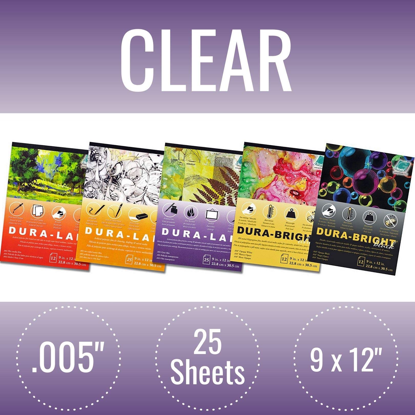 Grafix P05DC0912 9 x 12β, Pad of 25 β Ultra-Clear .005β Film, Acetate Alternative, Glossy Surface for Coverings, Stencils, Color Separation, Window Applications, Transparencies