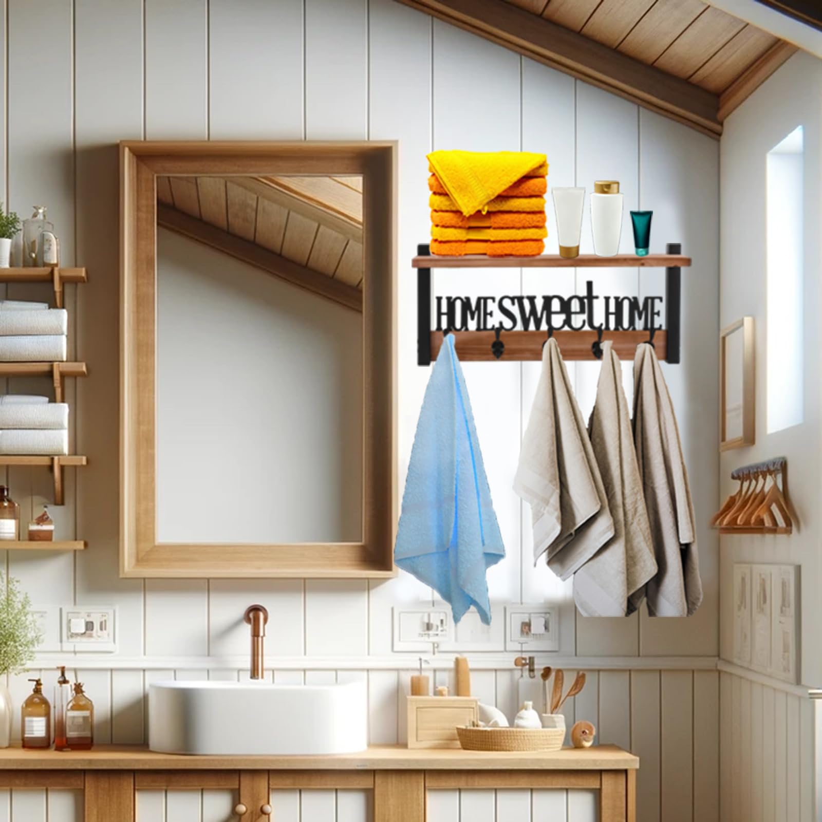 Awareisn Coat Rack Wall Mount Wood Shelf with Hooks Key Holder Wall Mount 5 Metal Hooks Towel Holder Coat Hanger Entry Way Home Organizer for Clothes Hats Backpack Bathroom Bedroom Rustic White