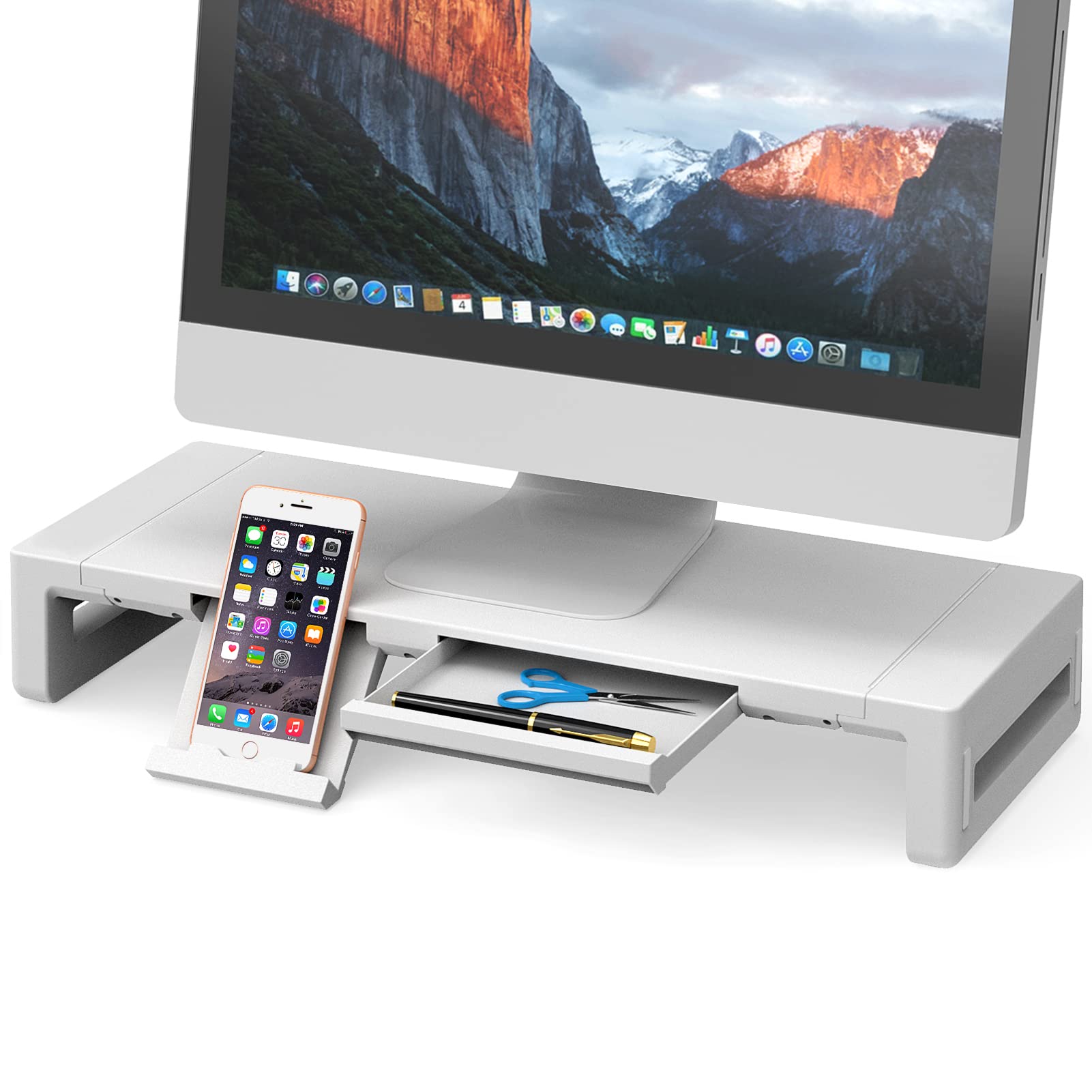 AQQEF Monitor Riser with Drawer, Width Adjustable Computer Stand Desk Organizer with Storage for Laptop and PC Printer