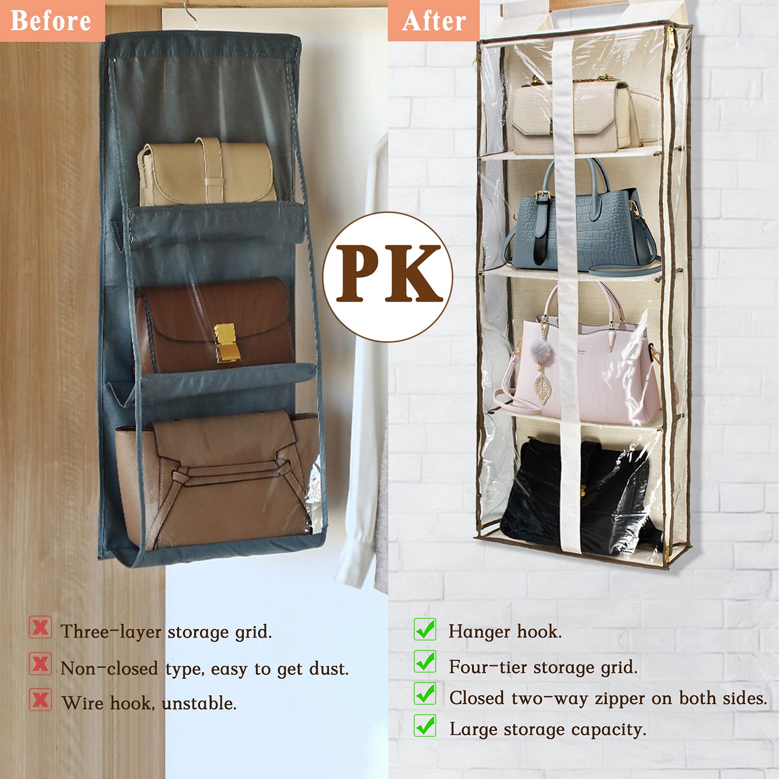Clear Closet Hanging Handbag Organizer with Zippers, KMOTASUO Easy Access Wardrobe Tote Bag Purse Storage Holder Over The Door Space Saving Shelf Pocket for Bedrooms Living Room