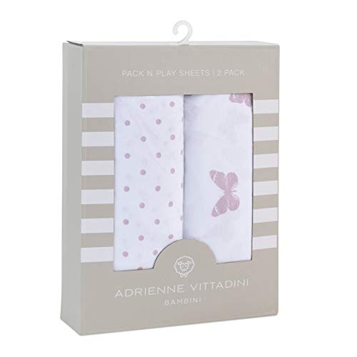 Adrienne Vittadini Bambini Jersey Cotton Pack N Play Sheets 2 Pack Lavendar Butterfly & Dots, Lavender (AVB-0015)