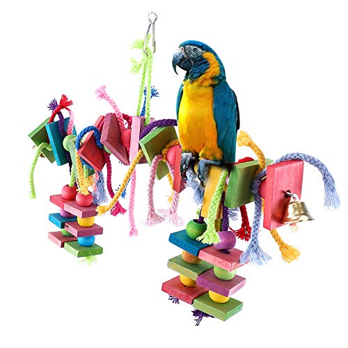 LITTLEGRASS Bird Chew Toy with Bells Knots Block Parrot Chewing Toys Natural Colorful Wooden Cage Perch Accessories Hanging Decorative for Parrots African Grey Cockatiels Parakeets Conures Lovebirds