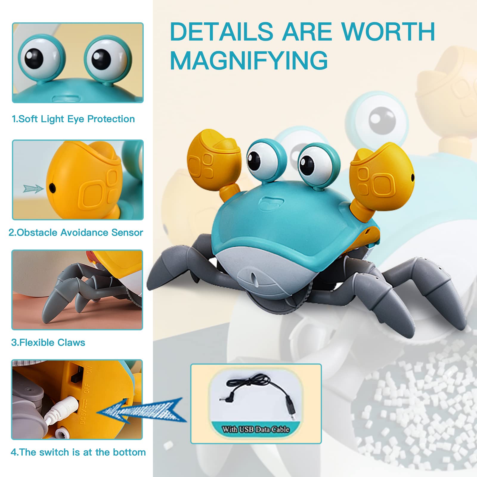 DASDSA Crawling Sensory Tummy time Toys for 1 Year Old boy Girl,Walking Crab Baby Toys Moving Dancing with Music and Light,Avoid Obstacles, Interactive Development