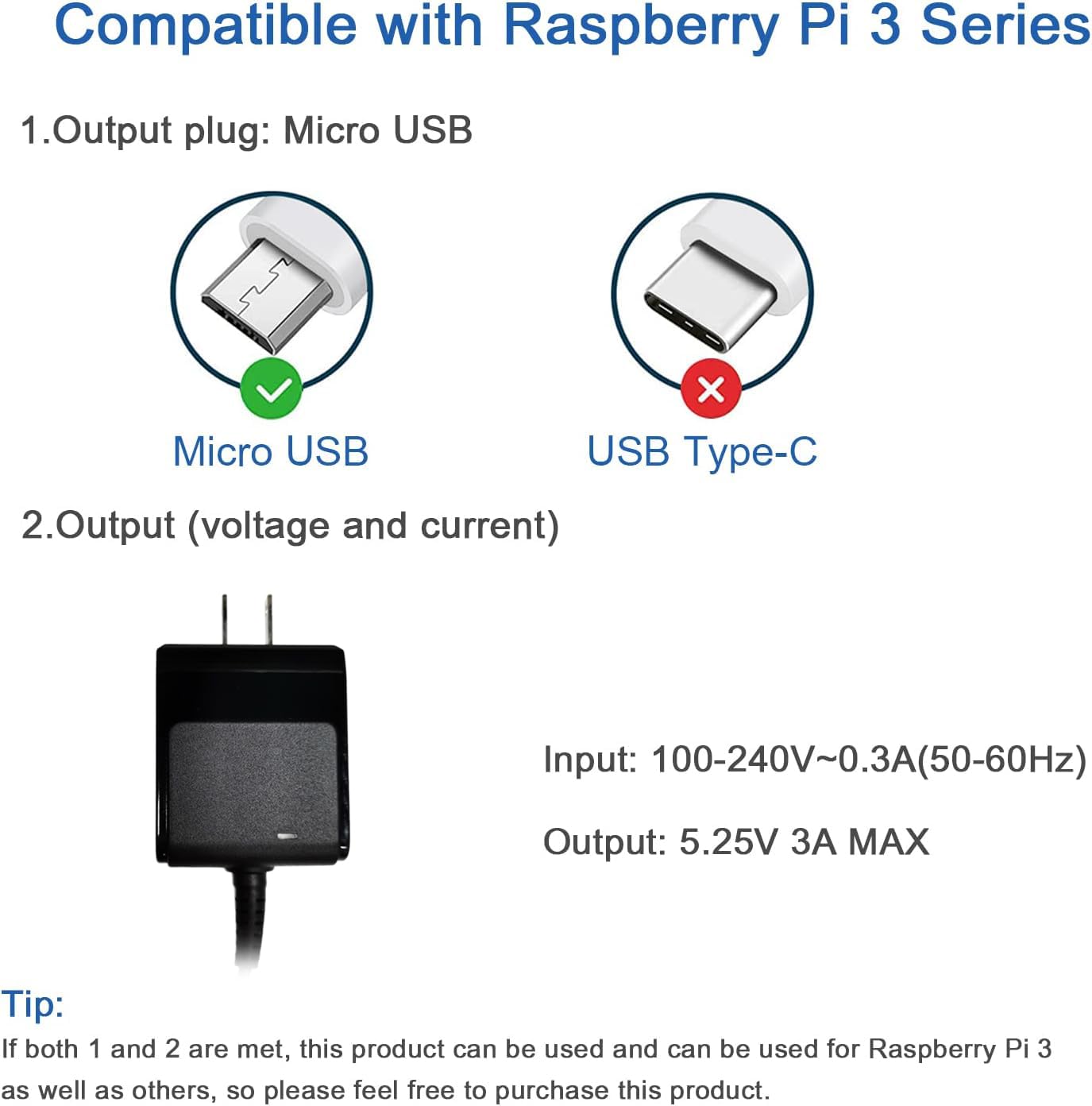 Mackertop 5.25V 3A Micro USB Wall Charger for Raspberry Pi 3 B+ Power Supply Includes 1.8M (5.4 Ft) Power Cord