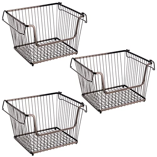 mDesign Stackable Metal Basket for Kitchen Storage - Large Wire Farmhouse Bin Basket w/Handles for Pantry - Stacking Wire Basket Organizer for Food, Drinks - Hyde Collection, 3 Pack, Bronze