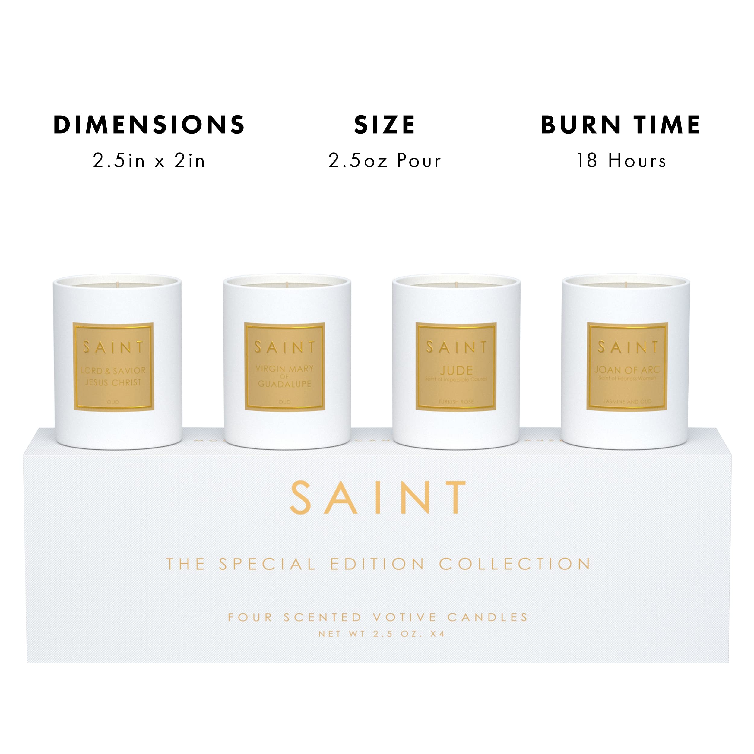 SAINT The Special Edition Collection Votive Candles, Soy Coconut Scented Candle Set with Holy Oil and Prayer Coin, Aromatherapy Soy Candles, 4 18-Hour Long Burning Candles, Holiday Gift-Ready Box