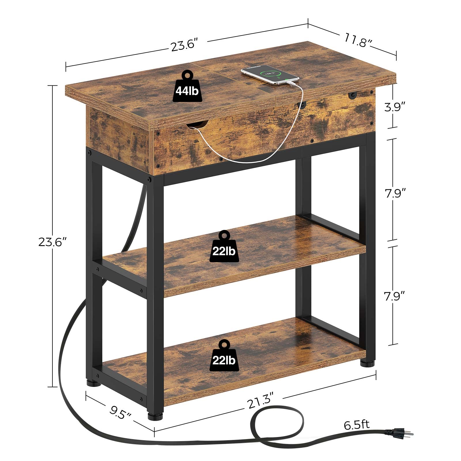 Rolanstar End Table with Charging Station, Narrow Nightstand, Flip Top Side Table with USB Ports and Storage Shelves for Small Spaces, Living Room, Bedroom, Black
