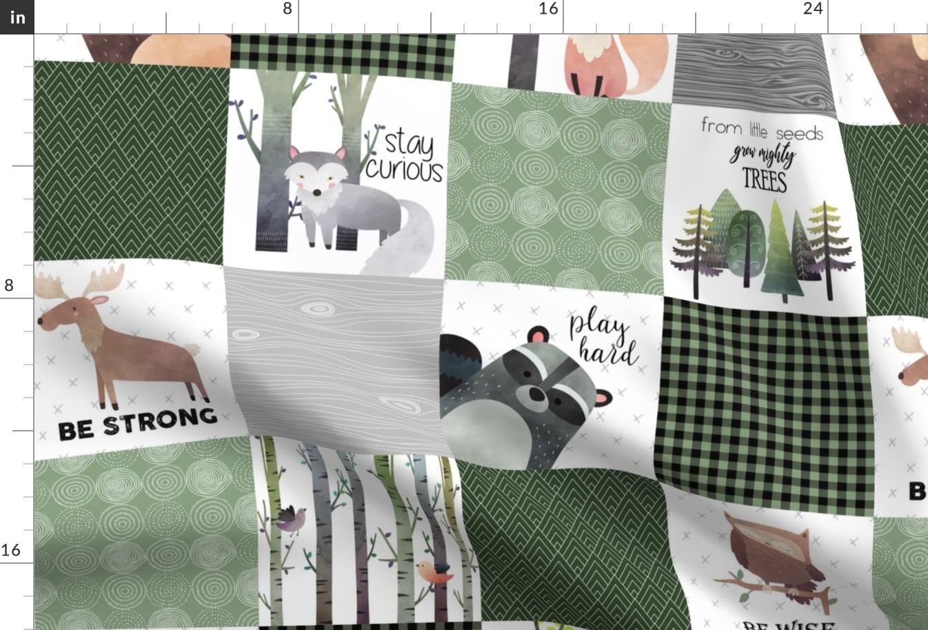 Spoonflower Fabric - Woodland Animals Forest Cheater Quilt Bear Fox Moose Wholecloth Green Printed on Minky Fabric by The Yard - Sewing Baby Blankets Quilt Backing Plush