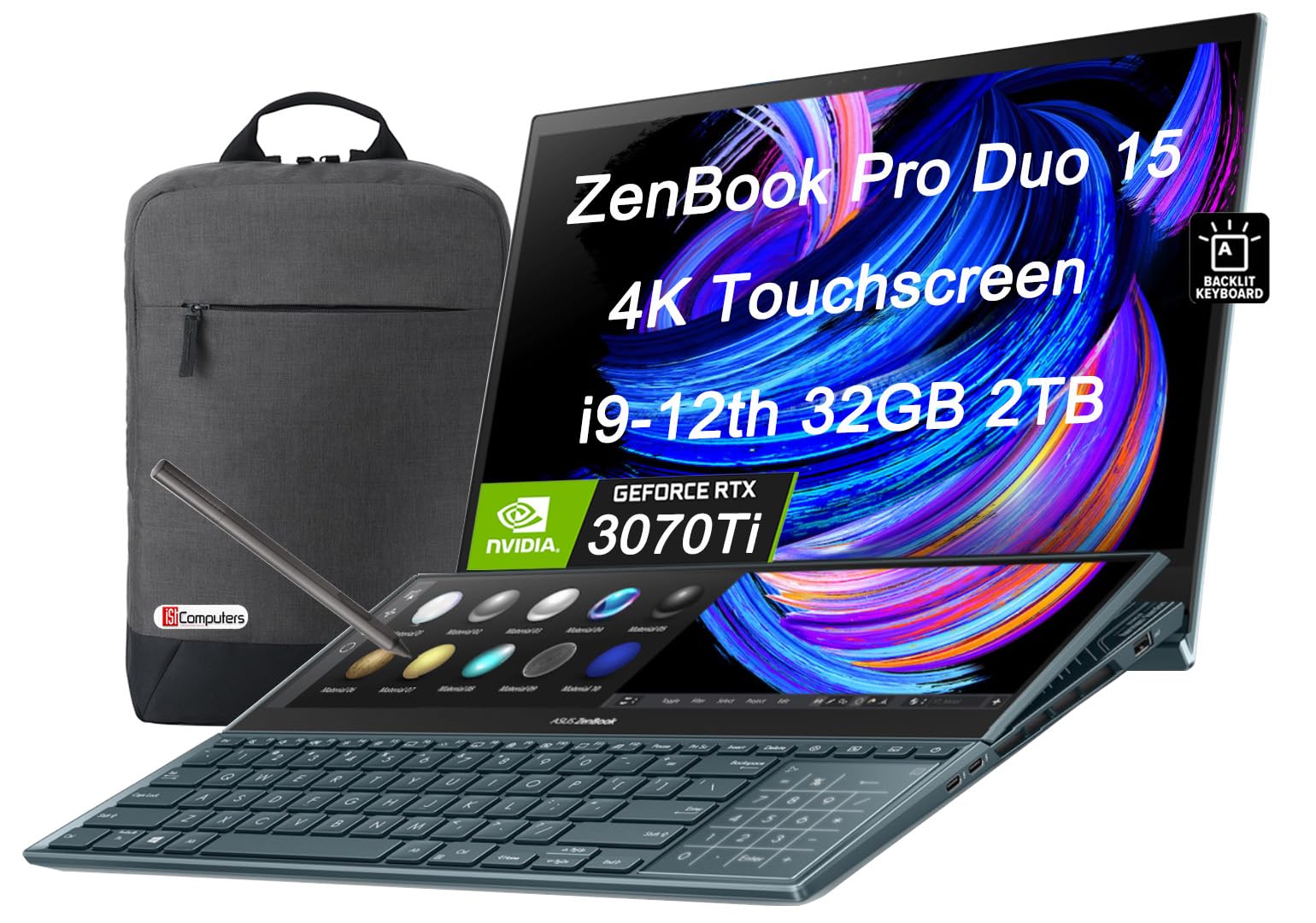 ASUS ZenBook Pro Duo 15 UX582 15.6" 4K OLED Touchscreen (Intel 14-Core i9-12900H, 32GB DDR5 RAM, 2TB SSD, GeForce RTX 3070 Ti) Business Laptop, ScreenPad Plus, Type-C, Backlit, Pen, Win 11 Pro, Blue