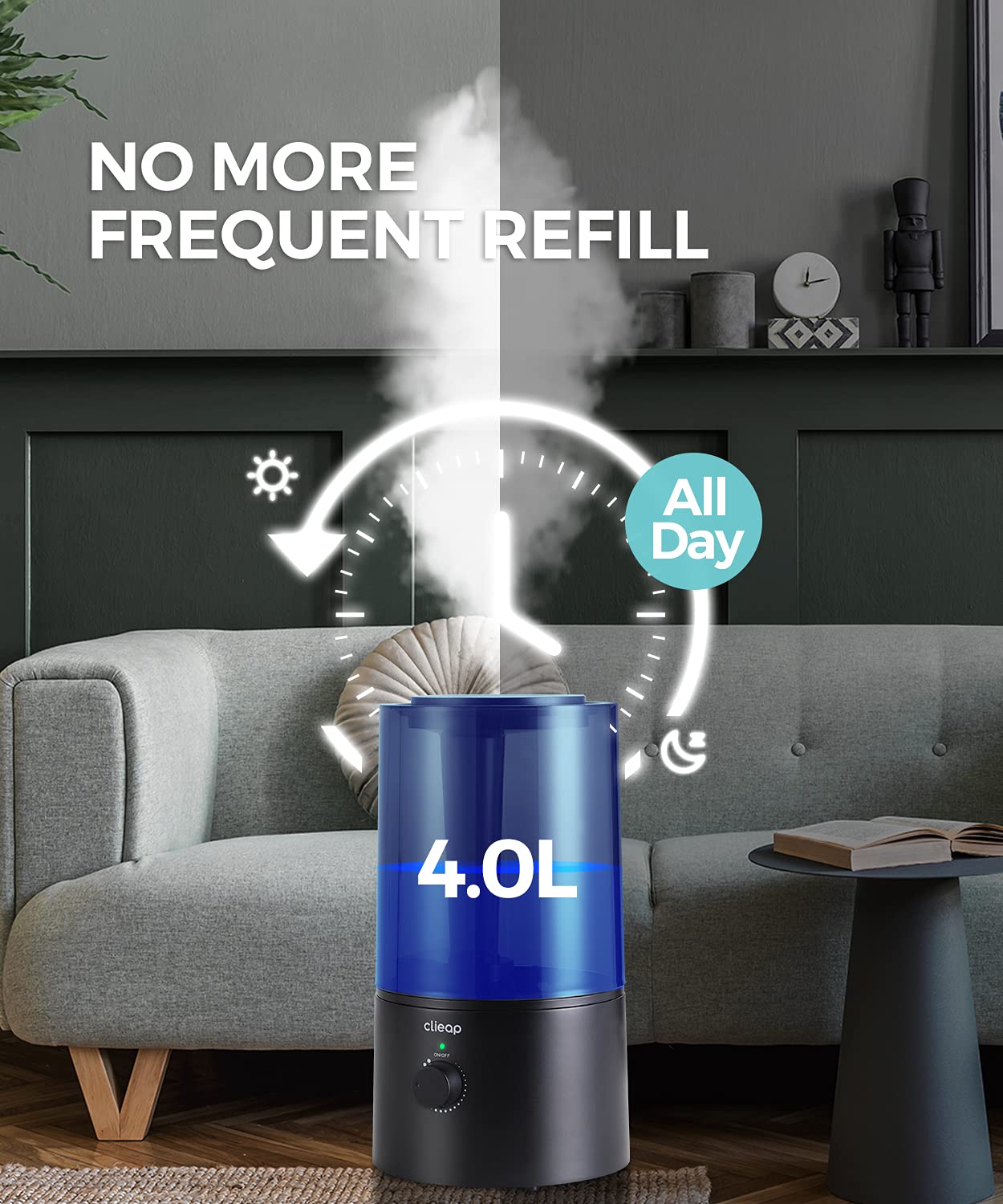 Clieap™ Humidifiers for Bedroom, 4L Air Humidifiers for Large Room, Ultrasonic Cool Mist Humidifiers for Baby, 30H Work Time, Auto Shut-Off (Black)