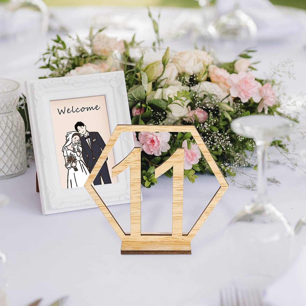 BravOne Wooden Table Numbers, Hexagon Shape 1-20 Wedding Table Numbers with Holder Base Rustic Hollow Out Wood Table Numbers Card for Wedding Party Event Catering Decoration (Hexagon)