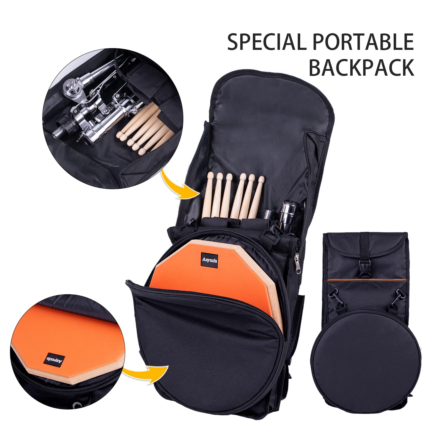 Anyuxin Drum Practice Pad Snare Drum Stand Set, 12 Inch Double Sided Silent Practice Pad with Drum Sticks, Drumstick Holder, Carrying Bag, Adjustable Stand(Fits 10''-14'' Drums) Orange